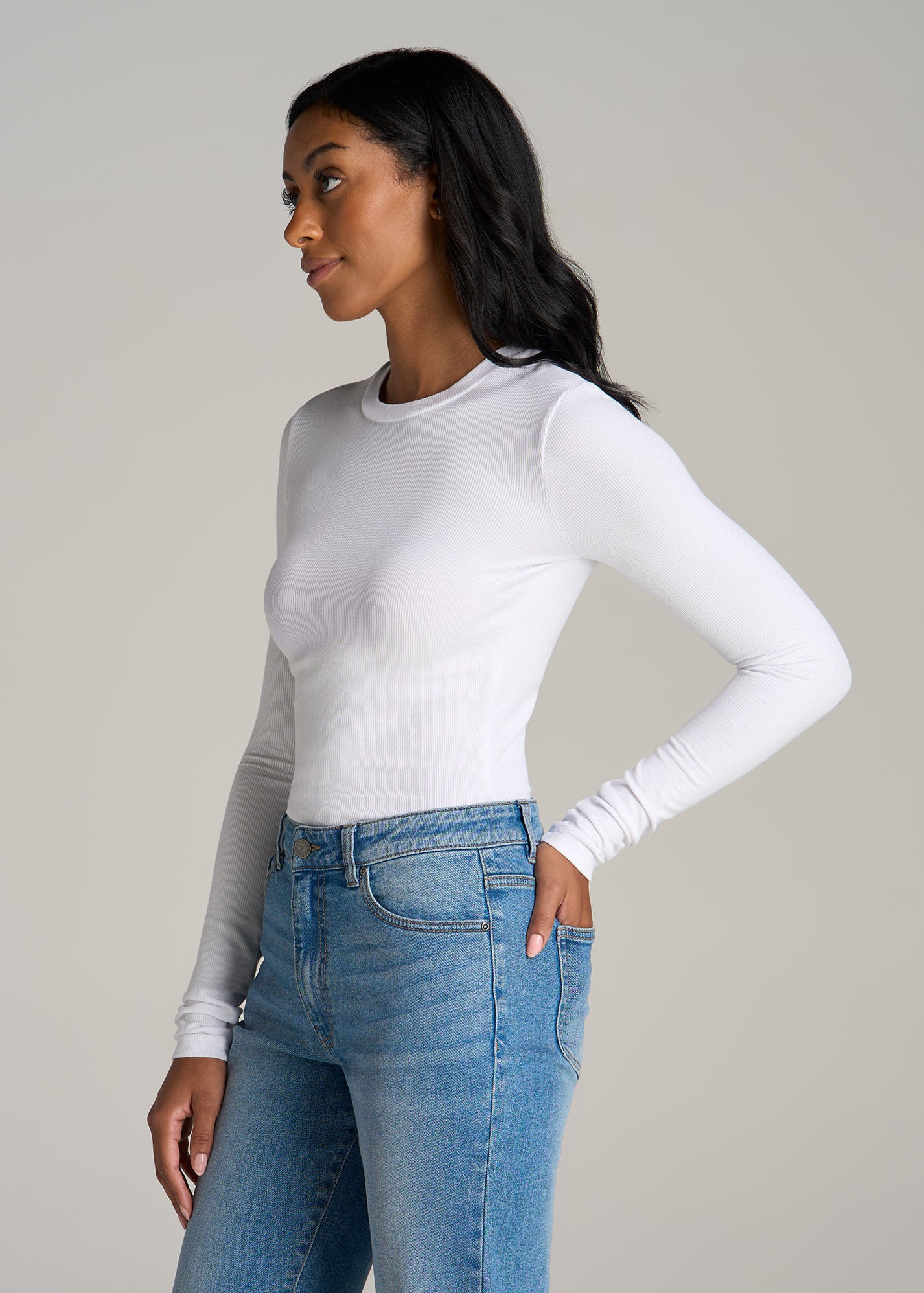 Ribbed Long Sleeve Shirt: Tall Woman Crew Neck White Shirt – American Tall